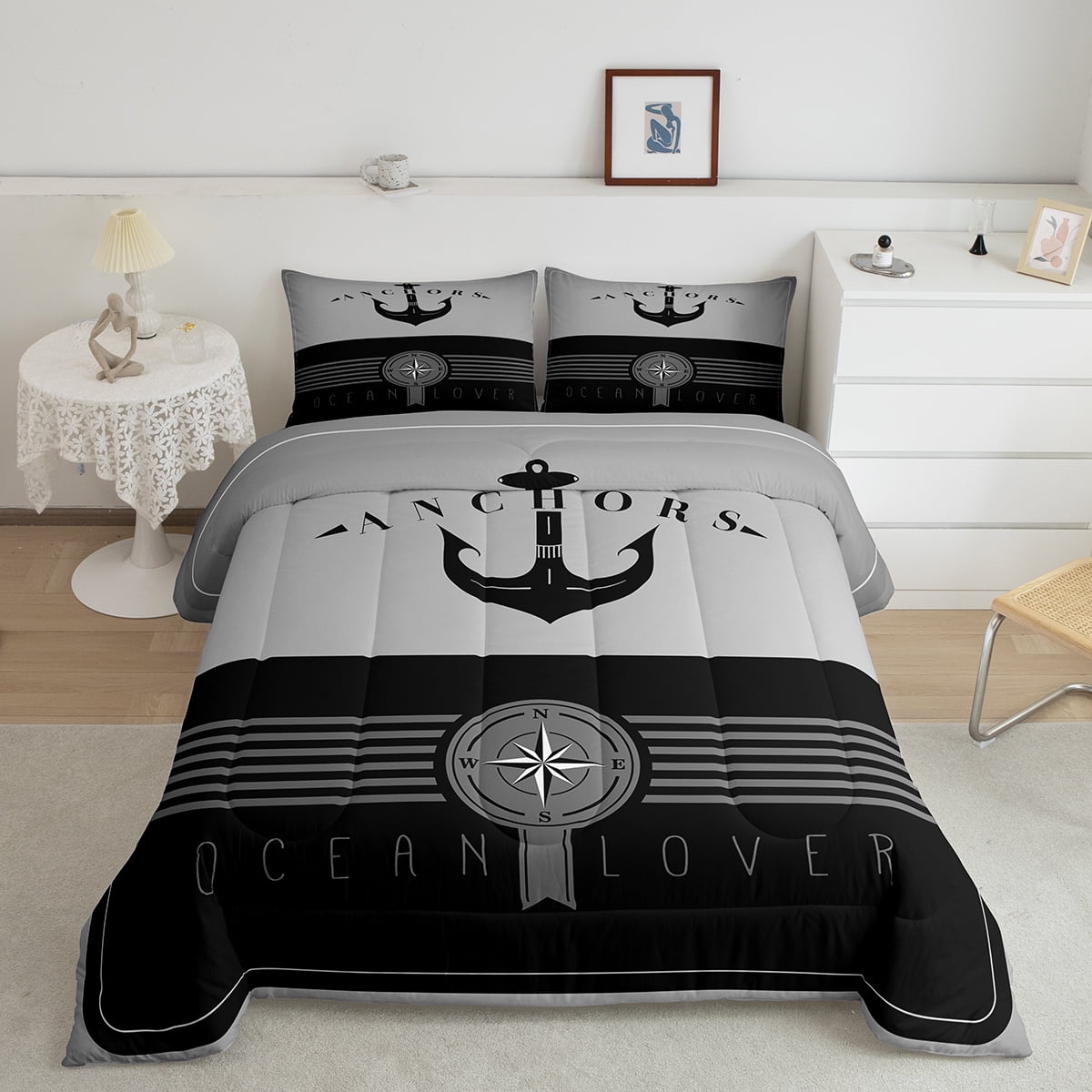 Boat Anchor Comforter Set Nautical Bedding Set for Women Boys,Boat Compass Quilt Vintage Style ...