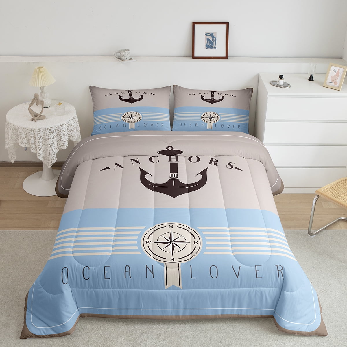 Boat Anchor Comforter Set Nautical Bedding Set for Women Boys,Boat Compass Quilt Vintage Style ...