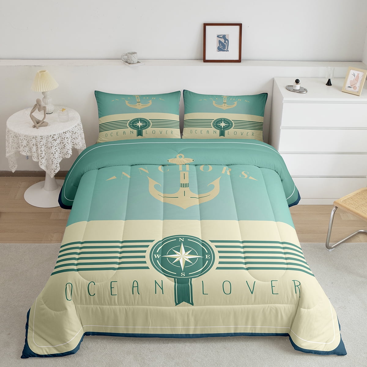 Boat Anchor Comforter Set Nautical Bedding Set for Women Boys,Boat Compass Quilt Vintage Style ...