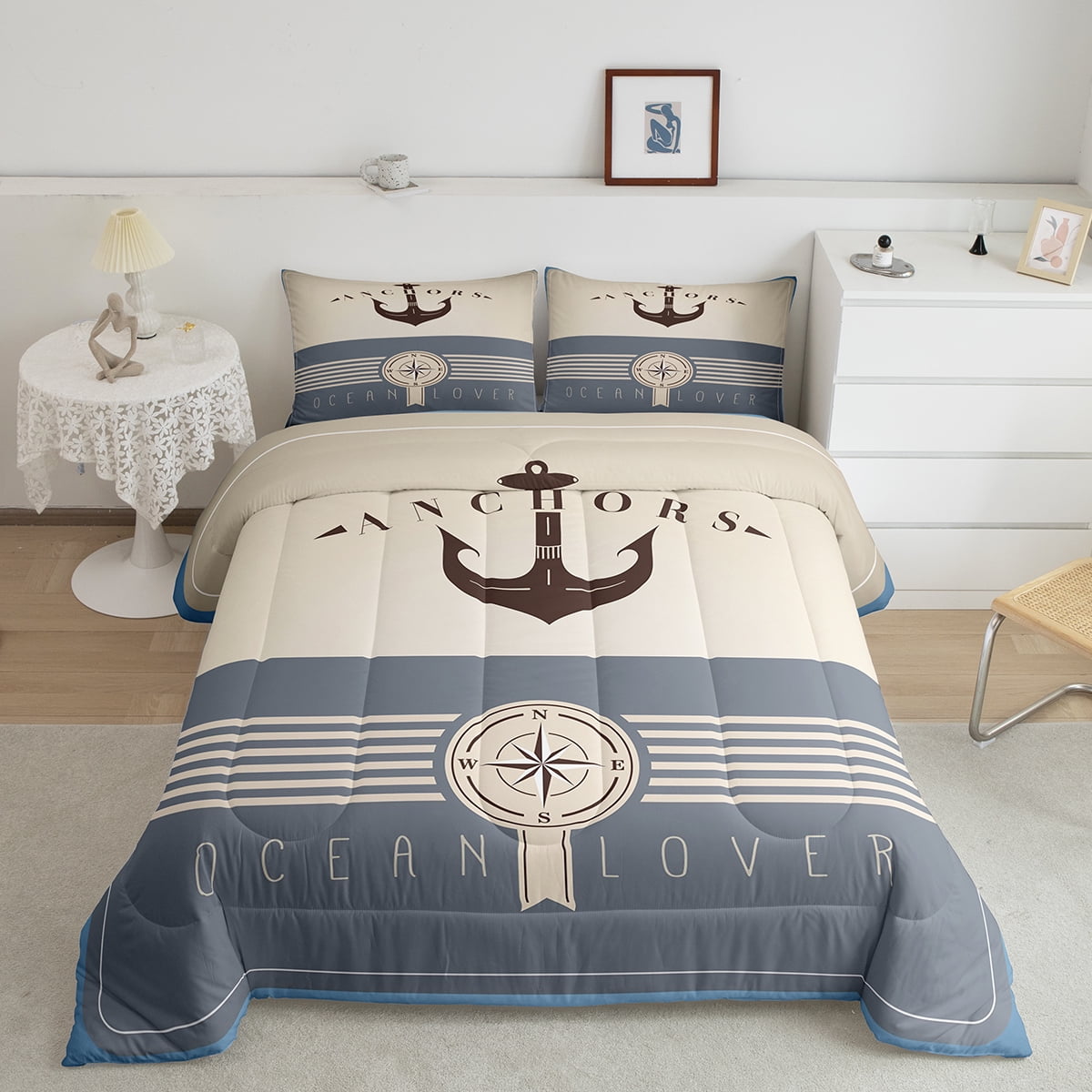 Boat Anchor Comforter Set Nautical Bedding Set for Women Boys,Boat Compass Quilt Vintage Style ...