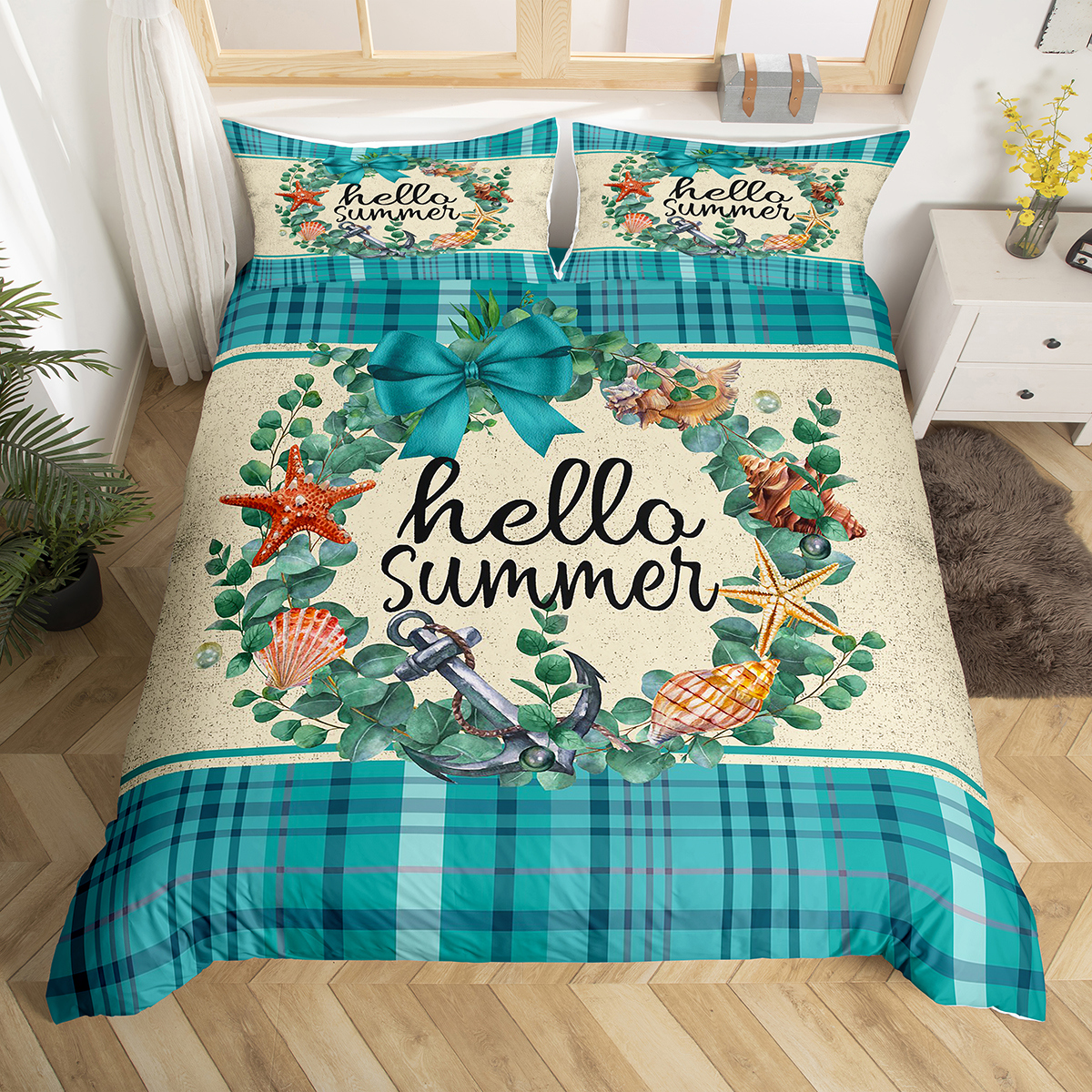 Boat Anchor Duvet Cover Queen Nautical Grid Bedding Set for Boys Kids ...