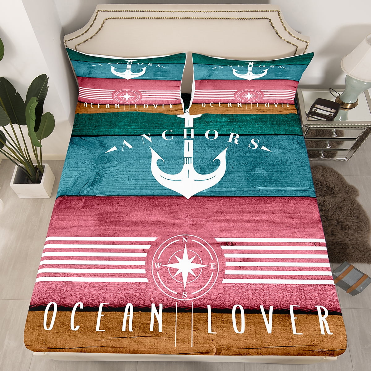 Boat Anchor Fitted Sheet Nautical Bed Sheets for Women,Boat Compass ...