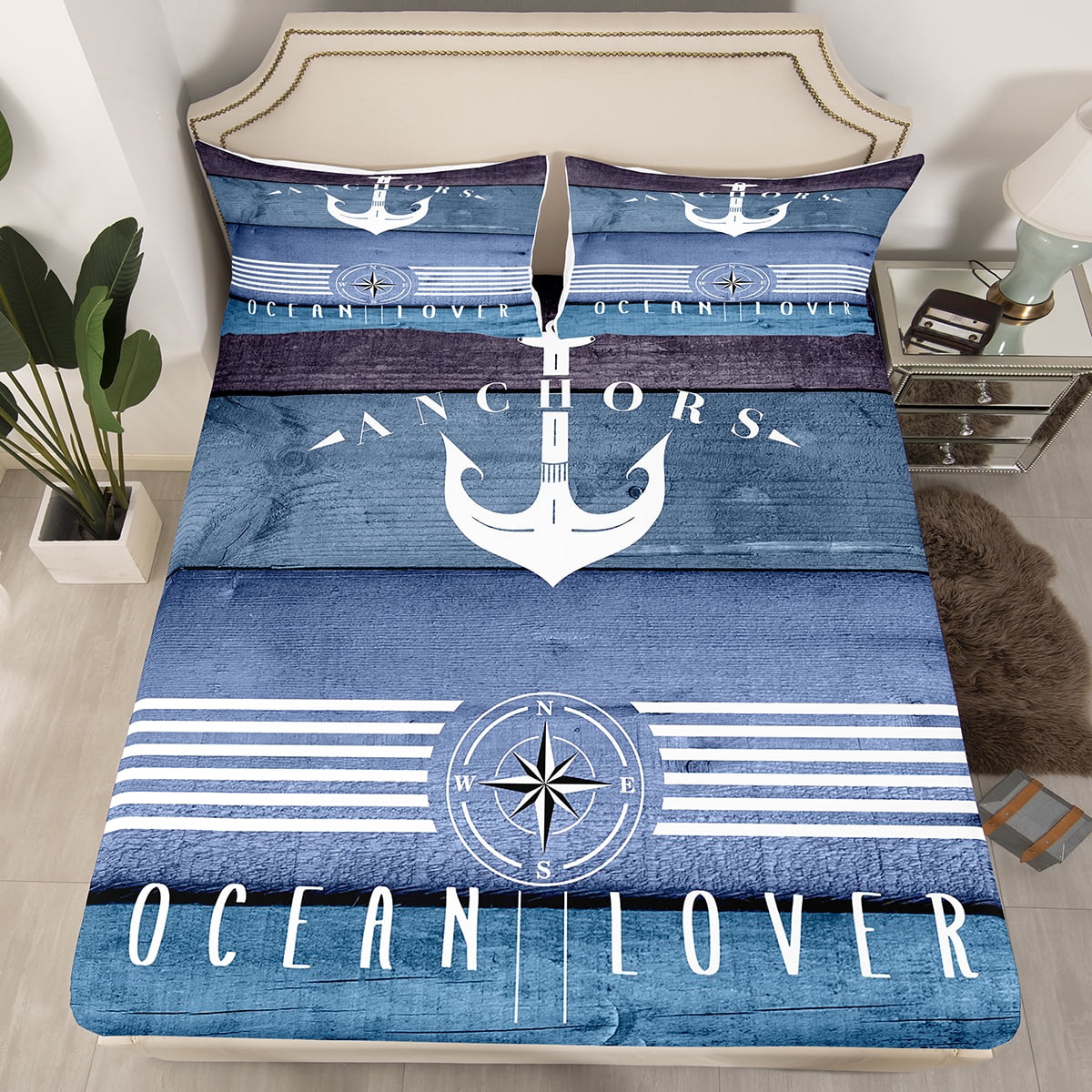 Boat Anchor Fitted Sheet Nautical Bed Sheets for Women,Boat Compass ...