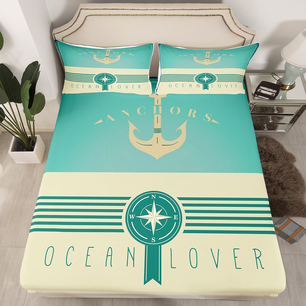 Boat Anchor Fitted Sheet Nautical Bed Sheets for Women,Boat Compass ...
