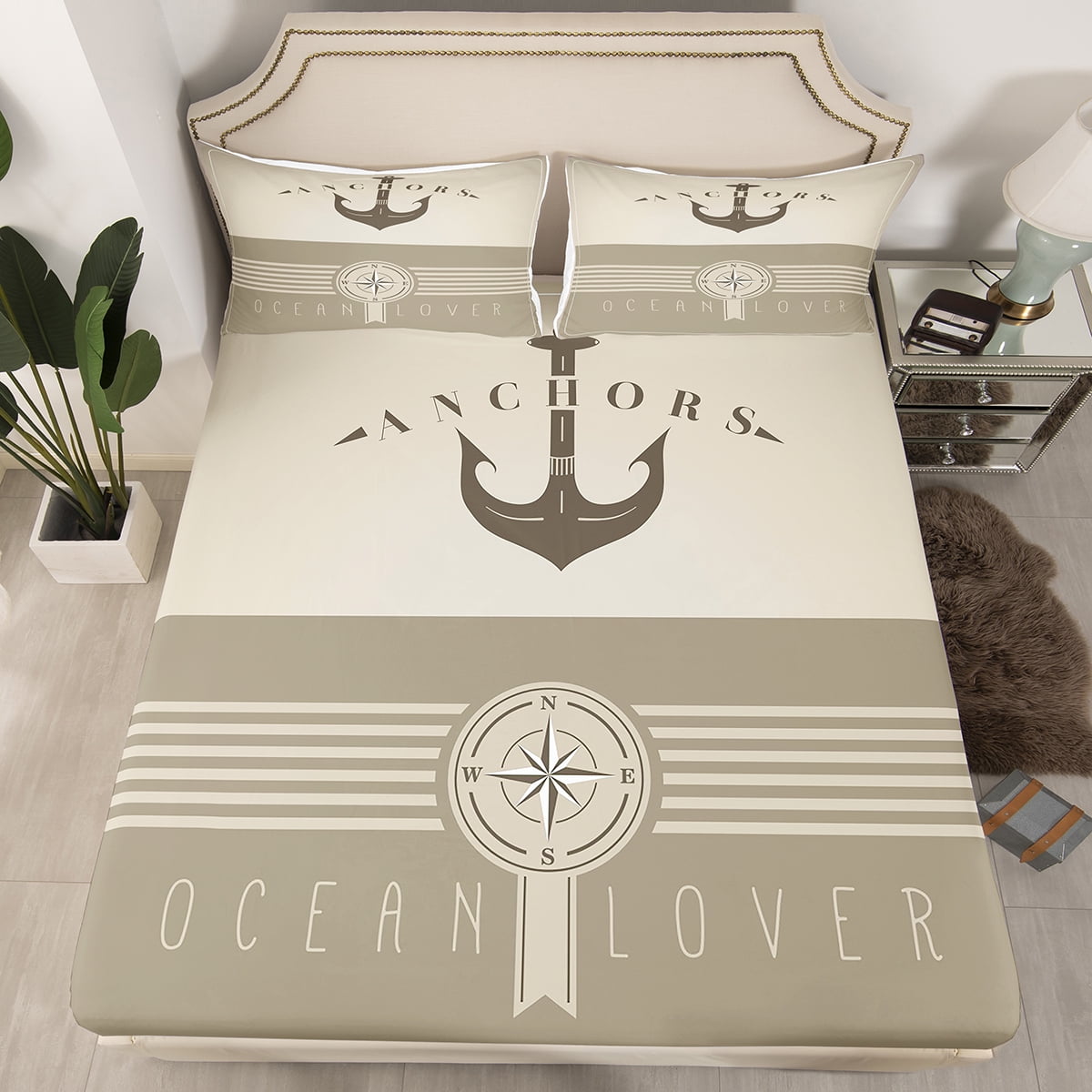 Boat Anchor Fitted Sheet Nautical Bed Sheets for Women,Boat Compass ...