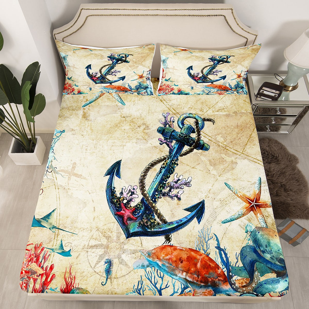 Boat Anchor Fitted Sheet Nautical Rope Knot Full Bed Sheets for Boys ...