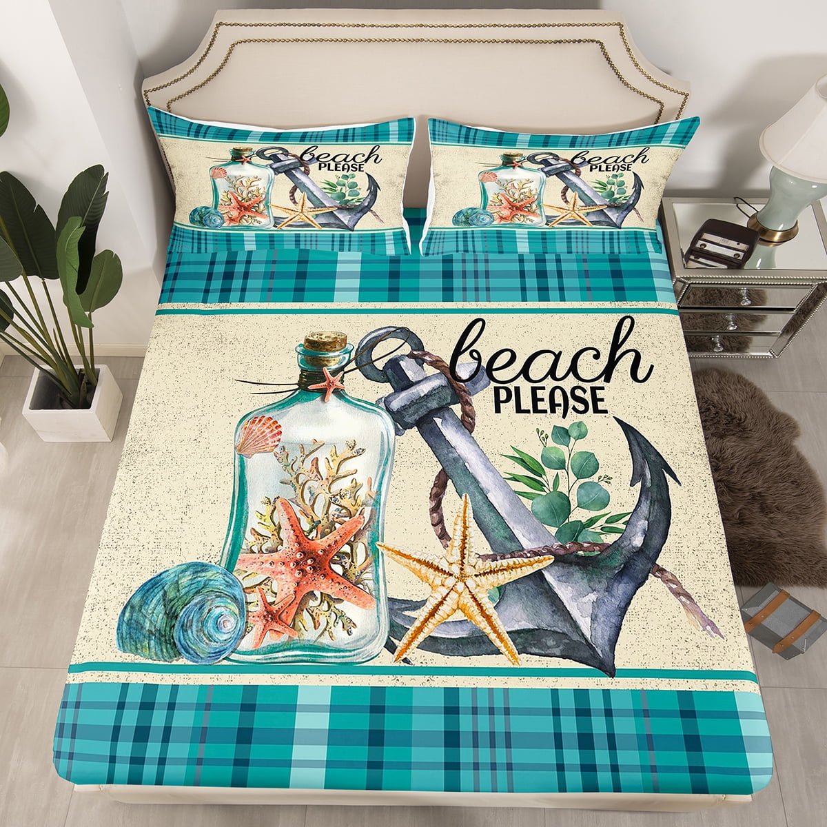 Boat Anchor Fitted Sheet Queen Nautical Grid Bed Sheets for Boys Kids ...