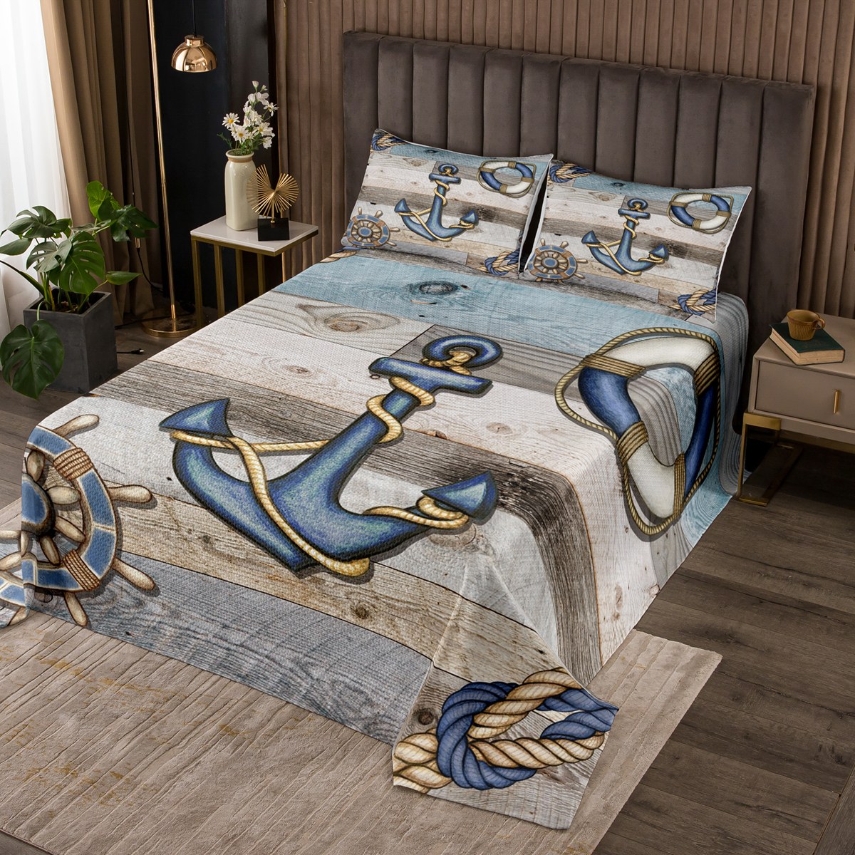 Boat Anchor King Bedspread Set,Steering Wheel Coverlet Set Retro Nautical Rope Knot Quilt Set ...
