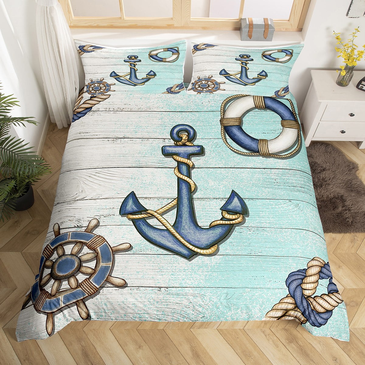 Boat Anchor Queen Bedding Set for Boys,Steering Wheel Comforter Cover Retro Nautical Rope Knot ...