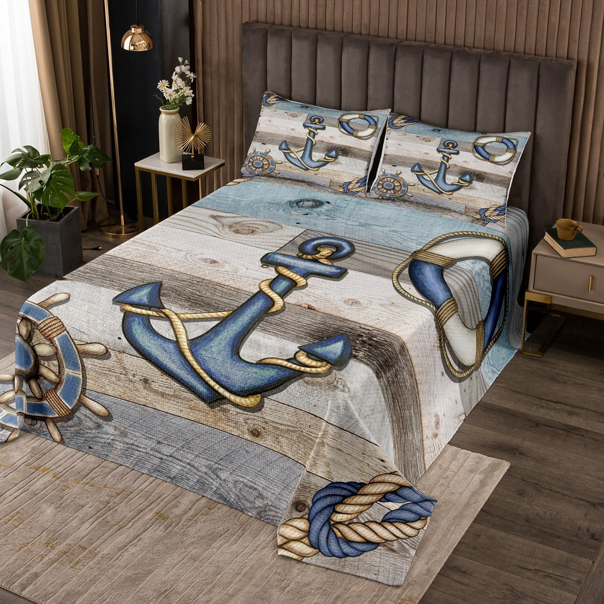 Boat Anchor Queen Bedspread Set,Steering Wheel Coverlet Set Retro ...