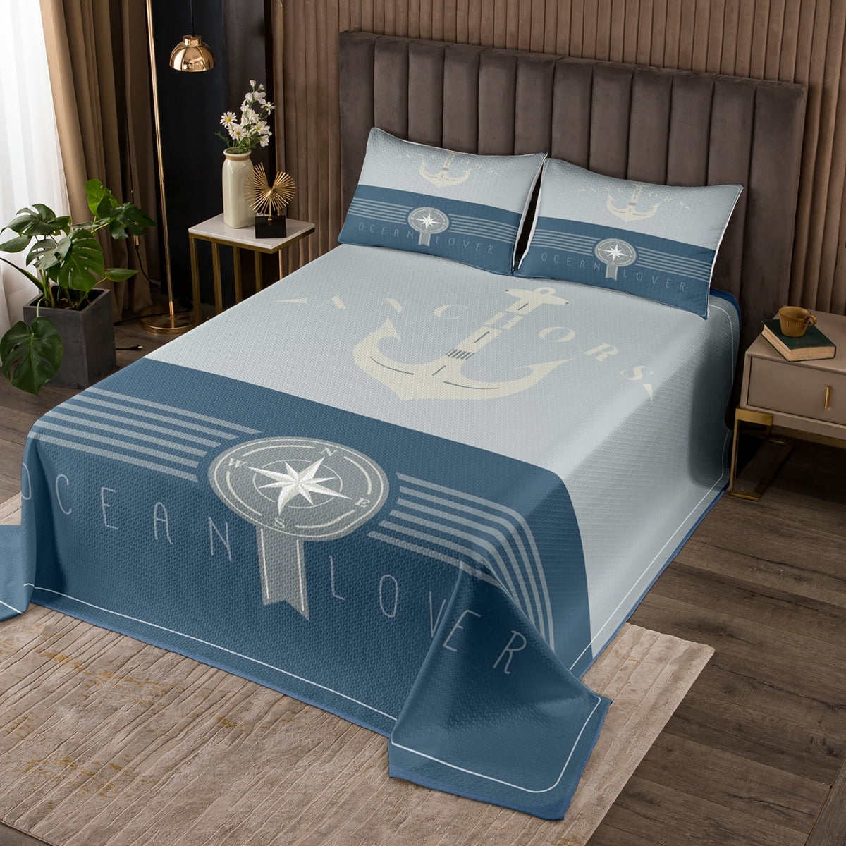 Boat Anchor Quilt Set Nautical Bedspread Set for Women Boys,Boat Compass Coverlet Set Vintage ...
