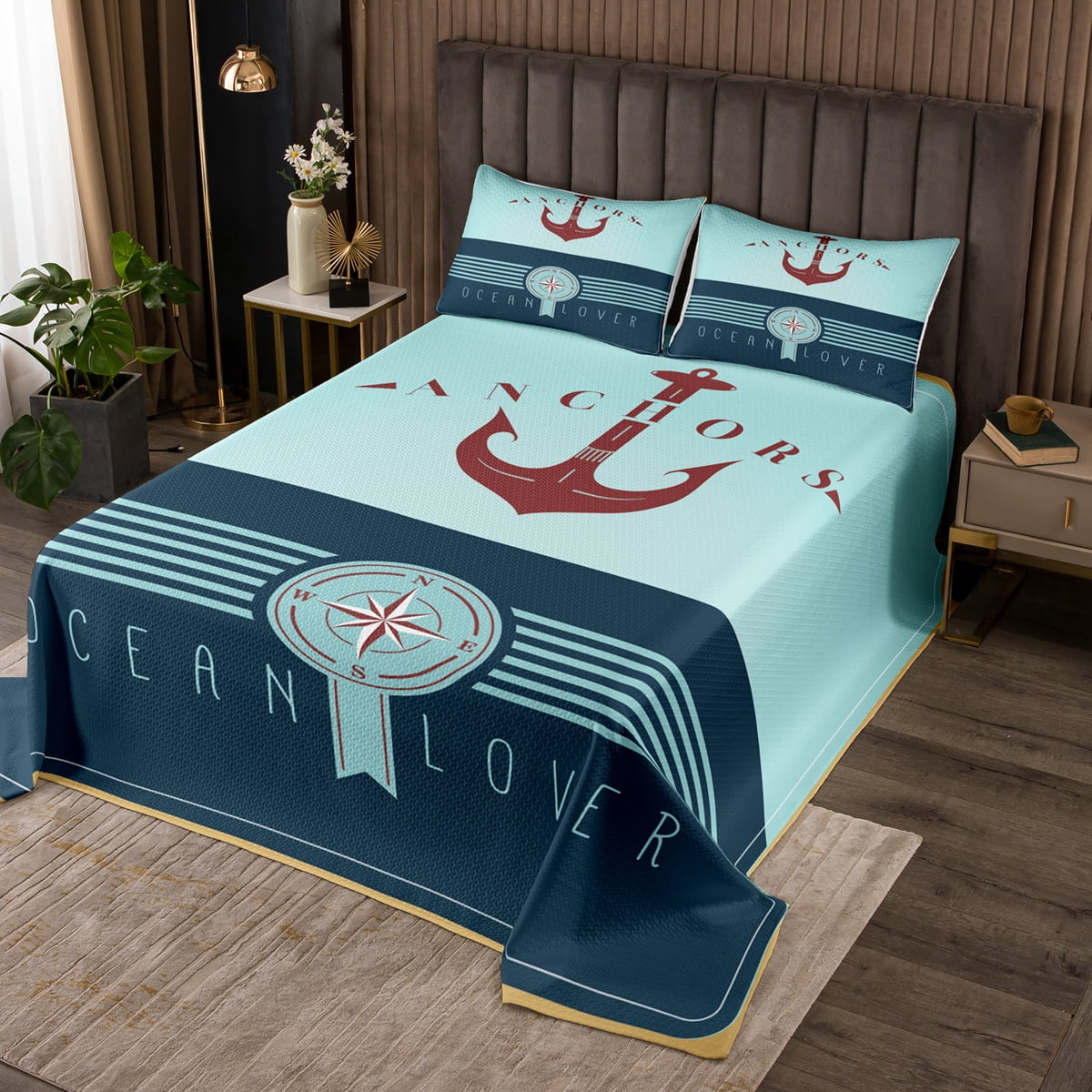 Boat Anchor Quilt Set Nautical Bedspread Set for Women Boys,Boat Compass Coverlet Set Vintage ...