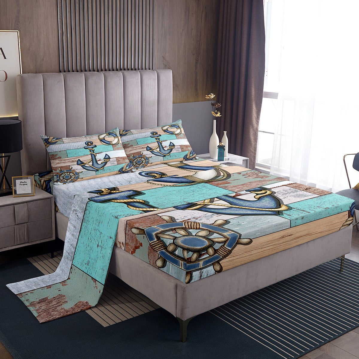 Boat Anchor Sheet Set Steering Wheel Sheets for Adults,Retro Nautical ...
