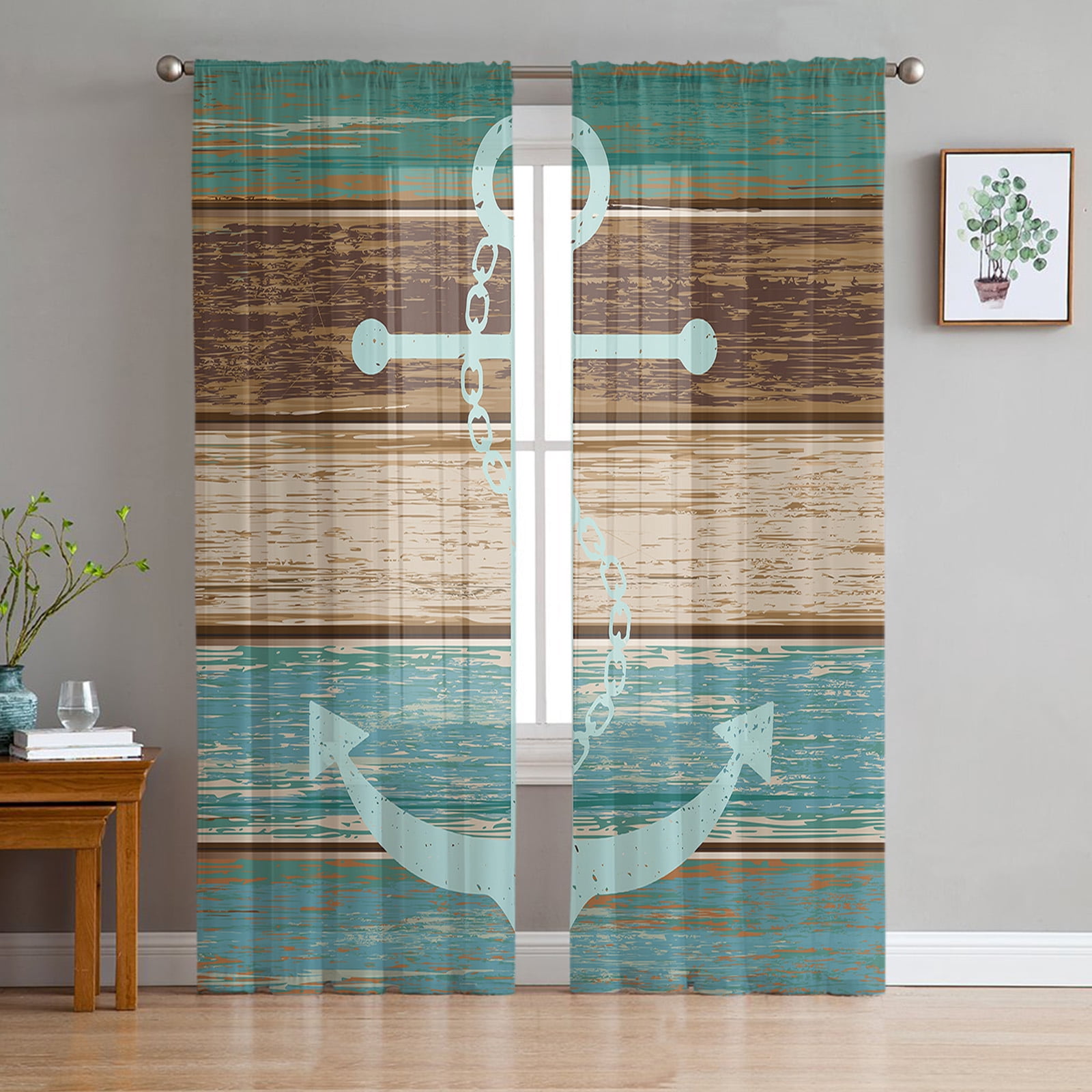 Boat Anchor Stripes Rectangle White Chiffon Sheer Curtains for Living ...