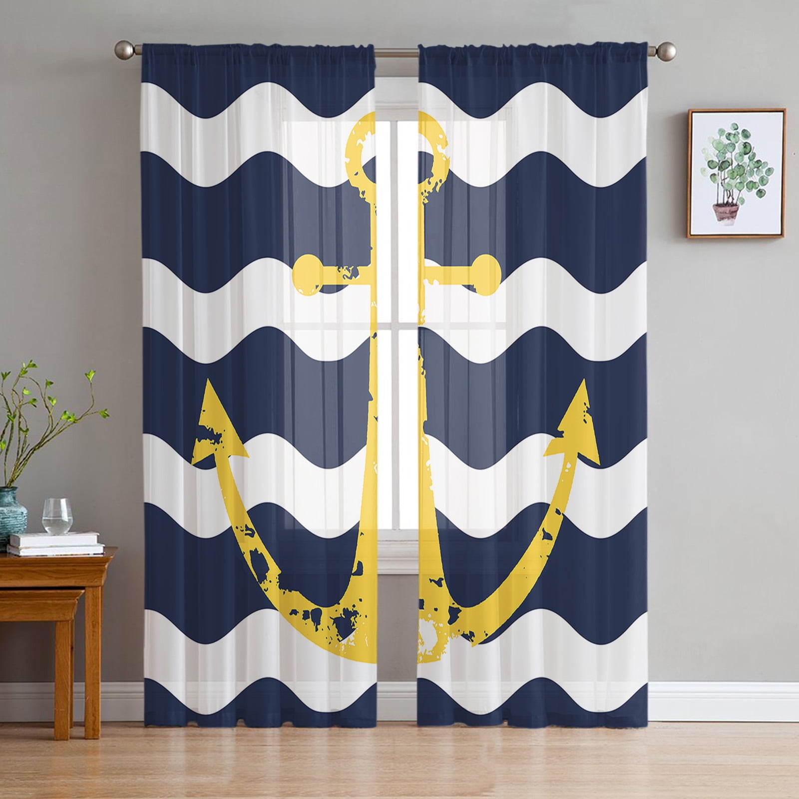 Boat Anchor Stripes Rectangle White Chiffon Sheer Curtains for Living ...