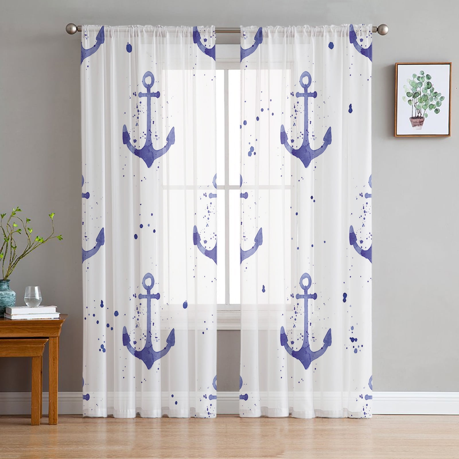 Boat Anchor Stripes Rectangle White Chiffon Sheer Curtains for Living ...