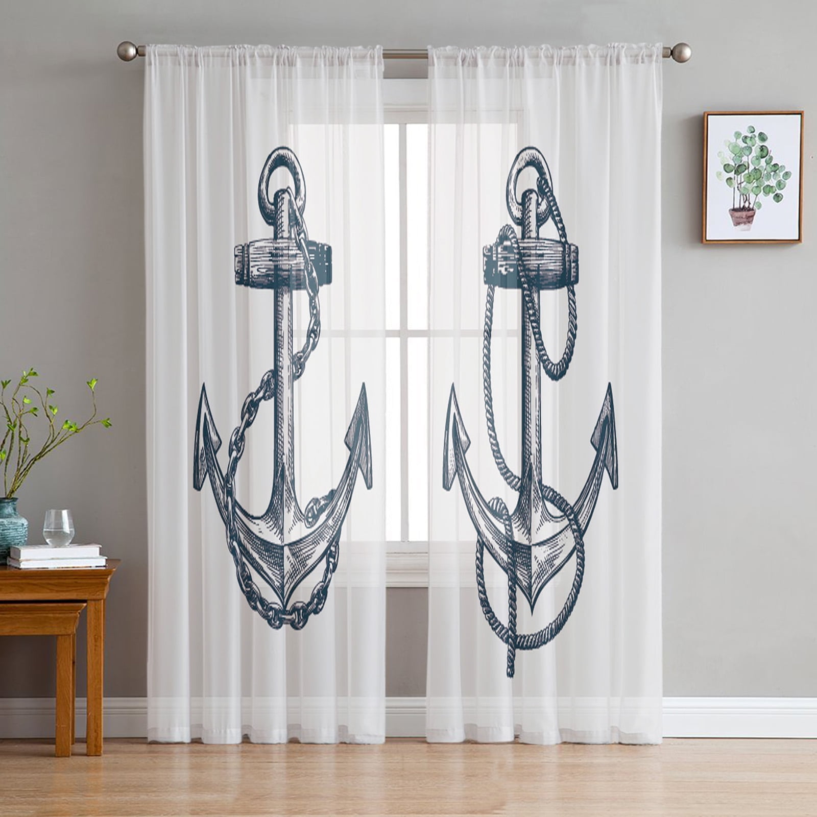 Boat Anchor Stripes Rectangle White Chiffon Sheer Curtains for Living ...