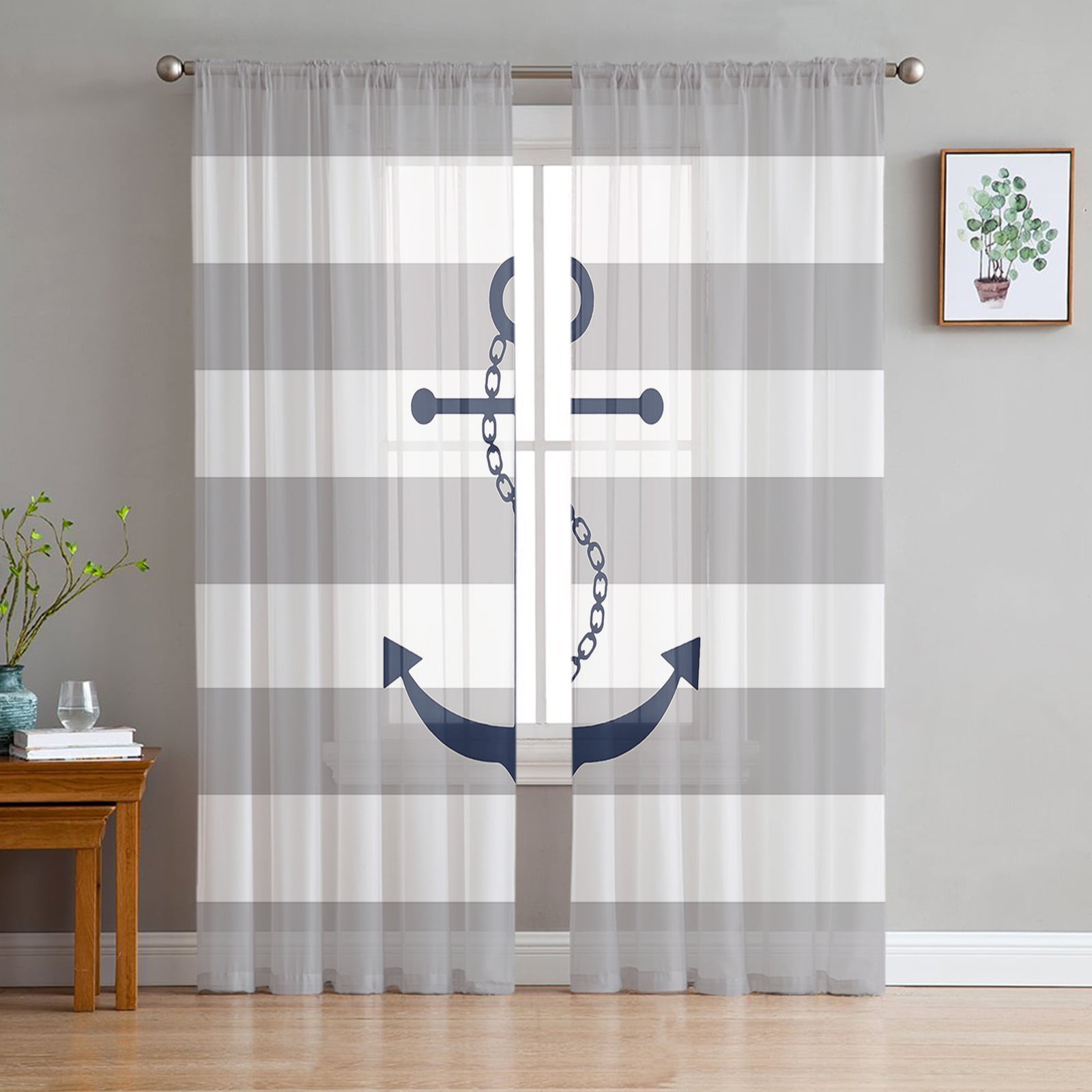 Boat Anchor Stripes Rectangle White Chiffon Sheer Curtains for Living ...