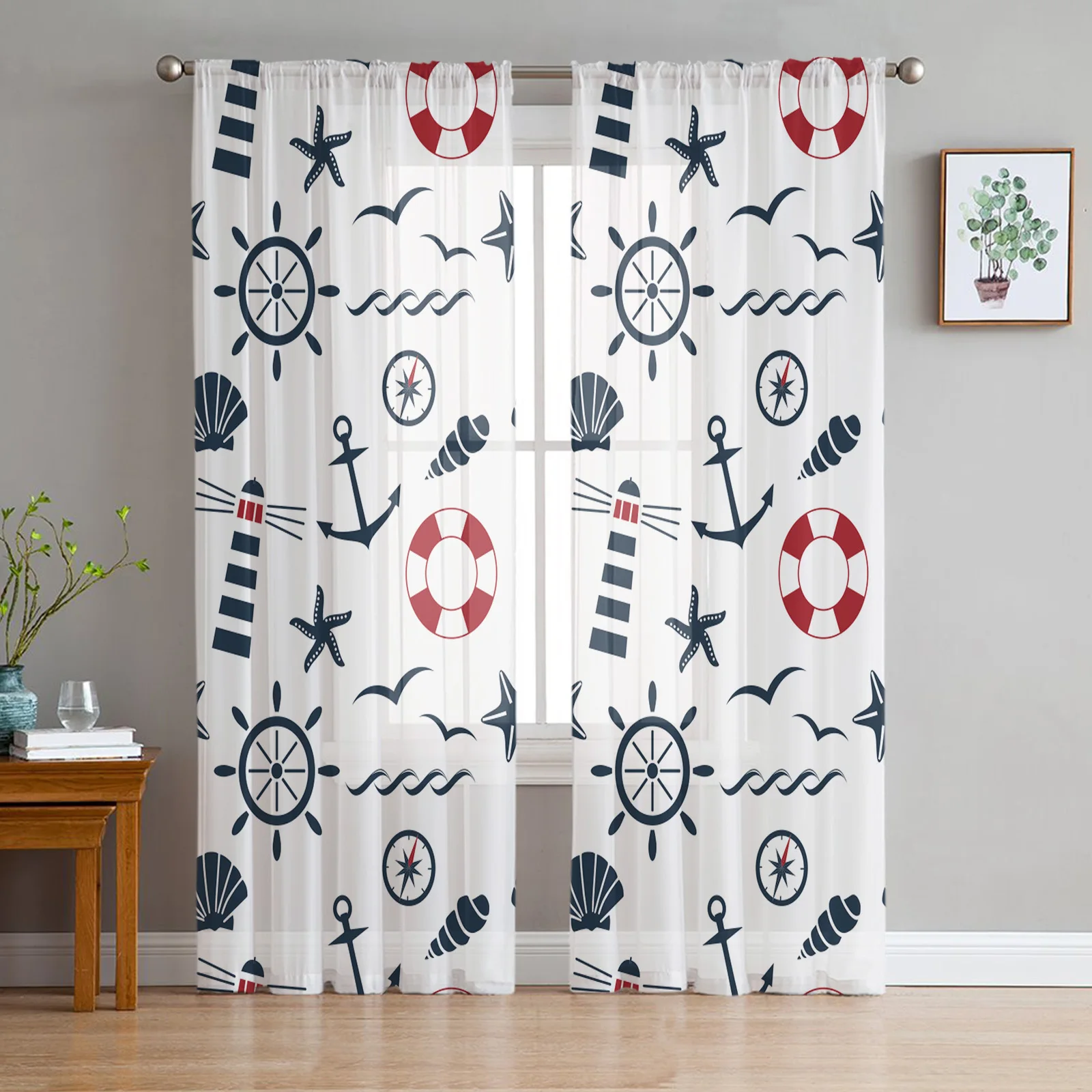 Boat Anchor Stripes Rectangle White Tulle Sheer Window Curtains for ...