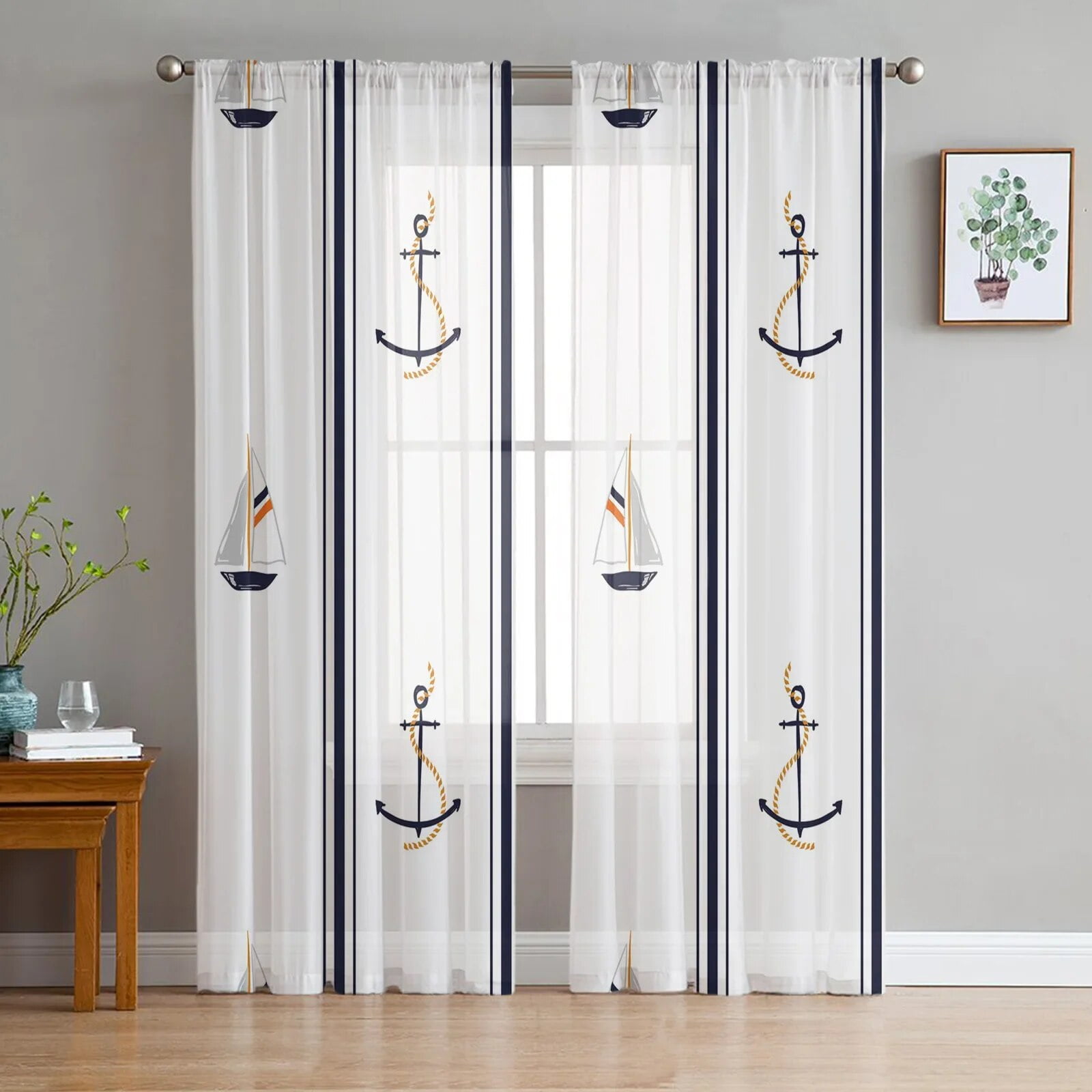 Boat Anchor Stripes Rectangle White Tulle Sheer Window Curtains for ...