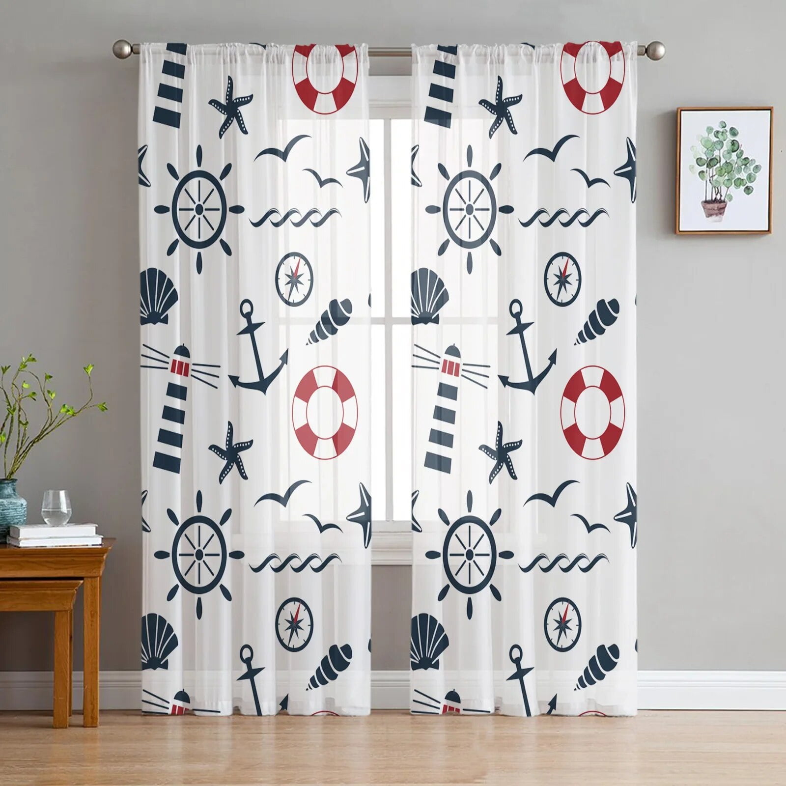 Boat Anchor Stripes Rectangle White Tulle Sheer Window Curtains for ...