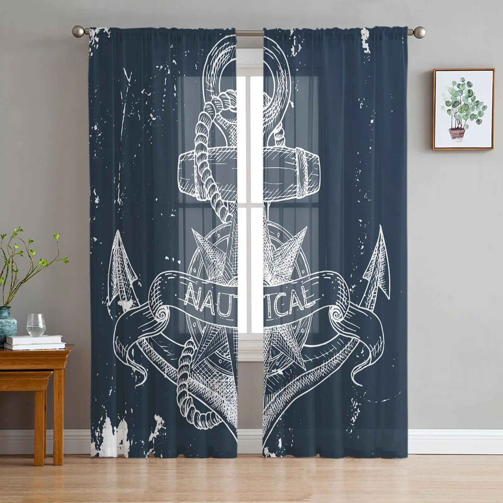 Boat Anchor Stripes Rectangle White Tulle Sheer Window Curtains for ...