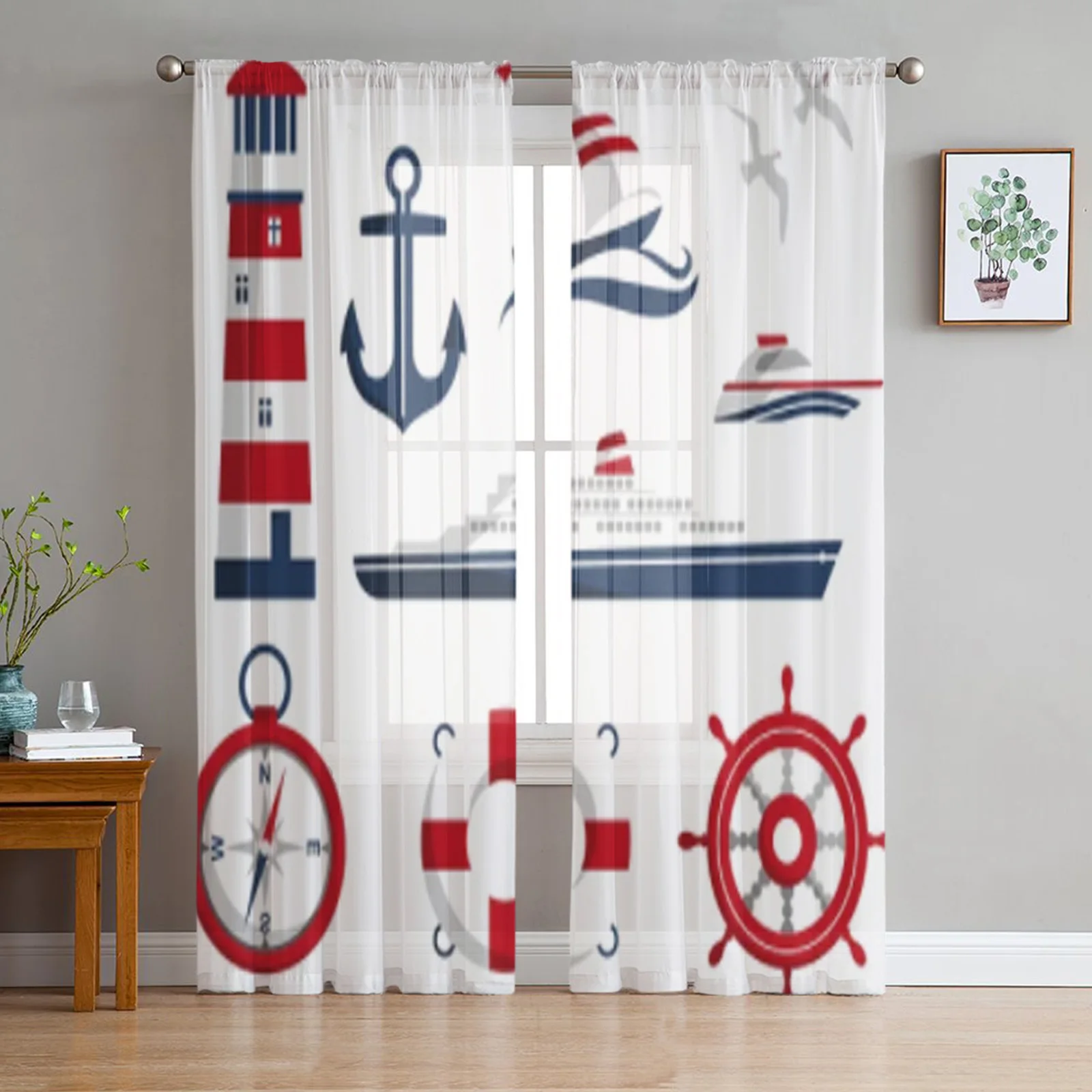 Boat Anchor Stripes Rectangle White Tulle Sheer Window Curtains for ...
