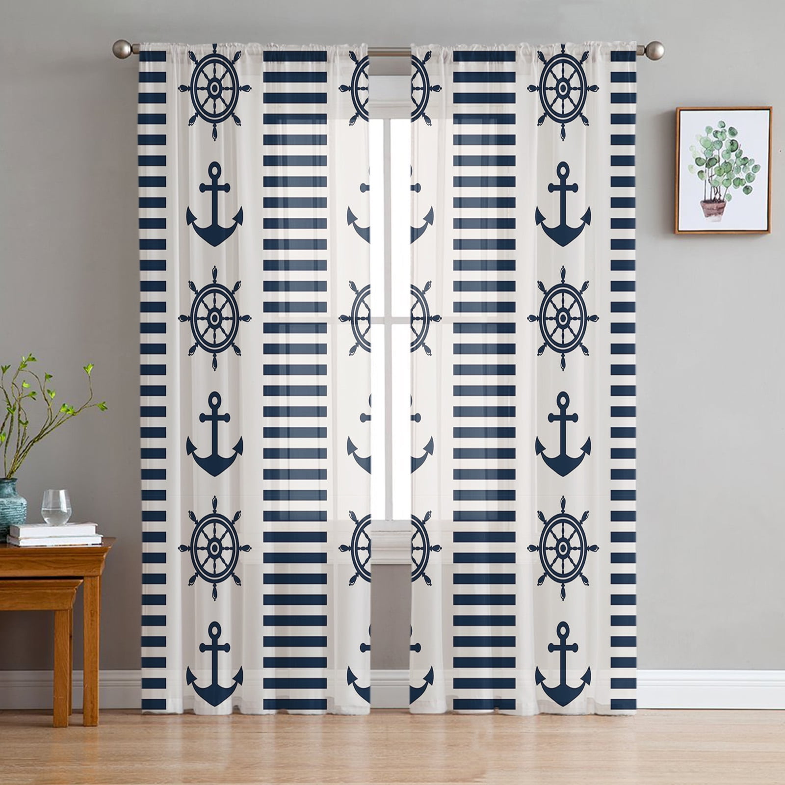 Boat Anchor Stripes Rectangle White Tulle Sheer Window Curtains for ...