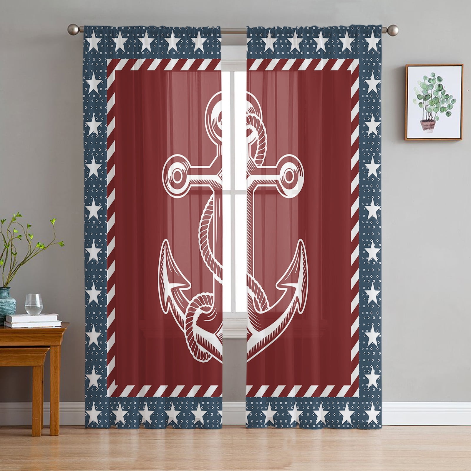 Boat Anchor Stripes Rectangle White Tulle Sheer Window Curtains for ...