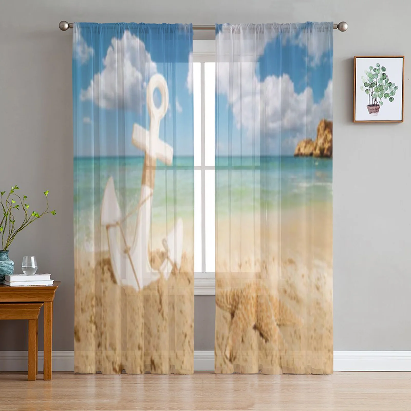 Boat Anchor Stripes Rectangle White Tulle Sheer Window Curtains for ...