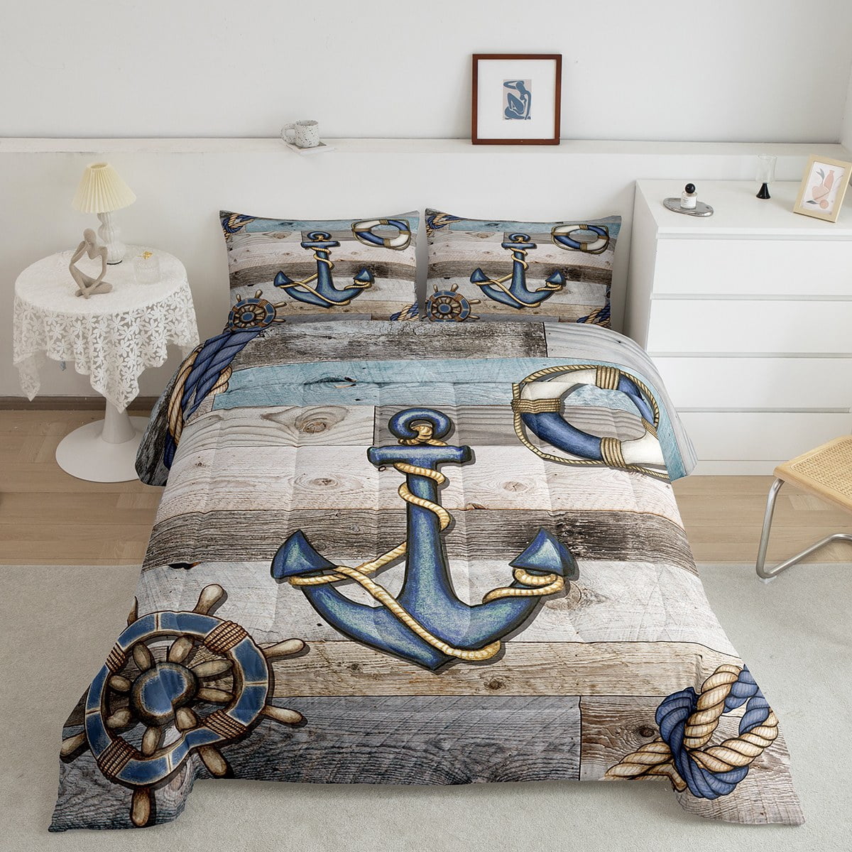 Boat Anchor Twin Bedding Set ,Steering Wheel Quilt Retro Nautical Rope ...