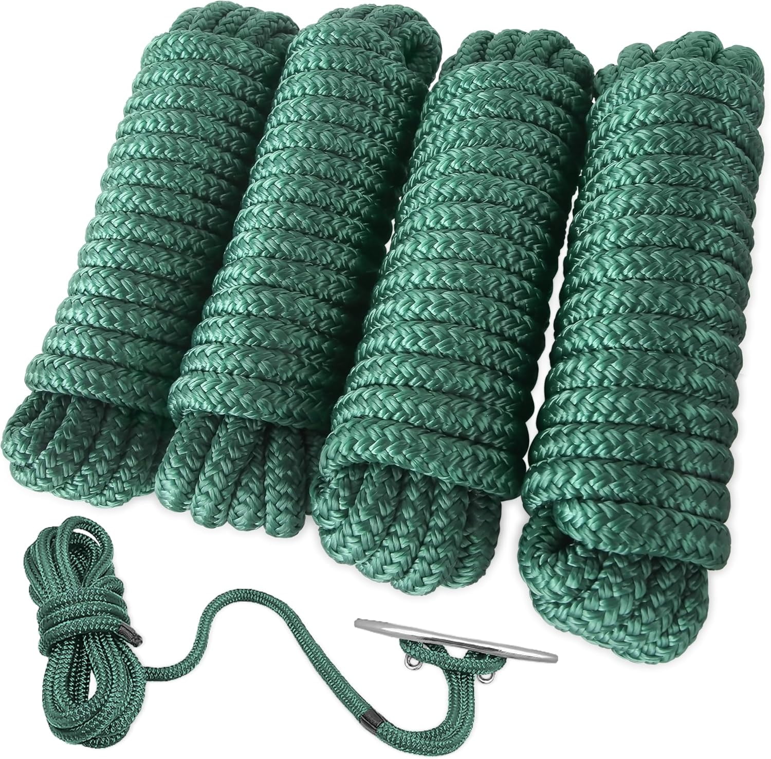 Boat Dock Lines 3/8'' x 15' Double Braided Nylon Green 4 Pack with Loop ...