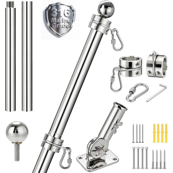 Boat Flag Pole Kit - 316 Stainless Steel Marine Flagpole with Mounting ...