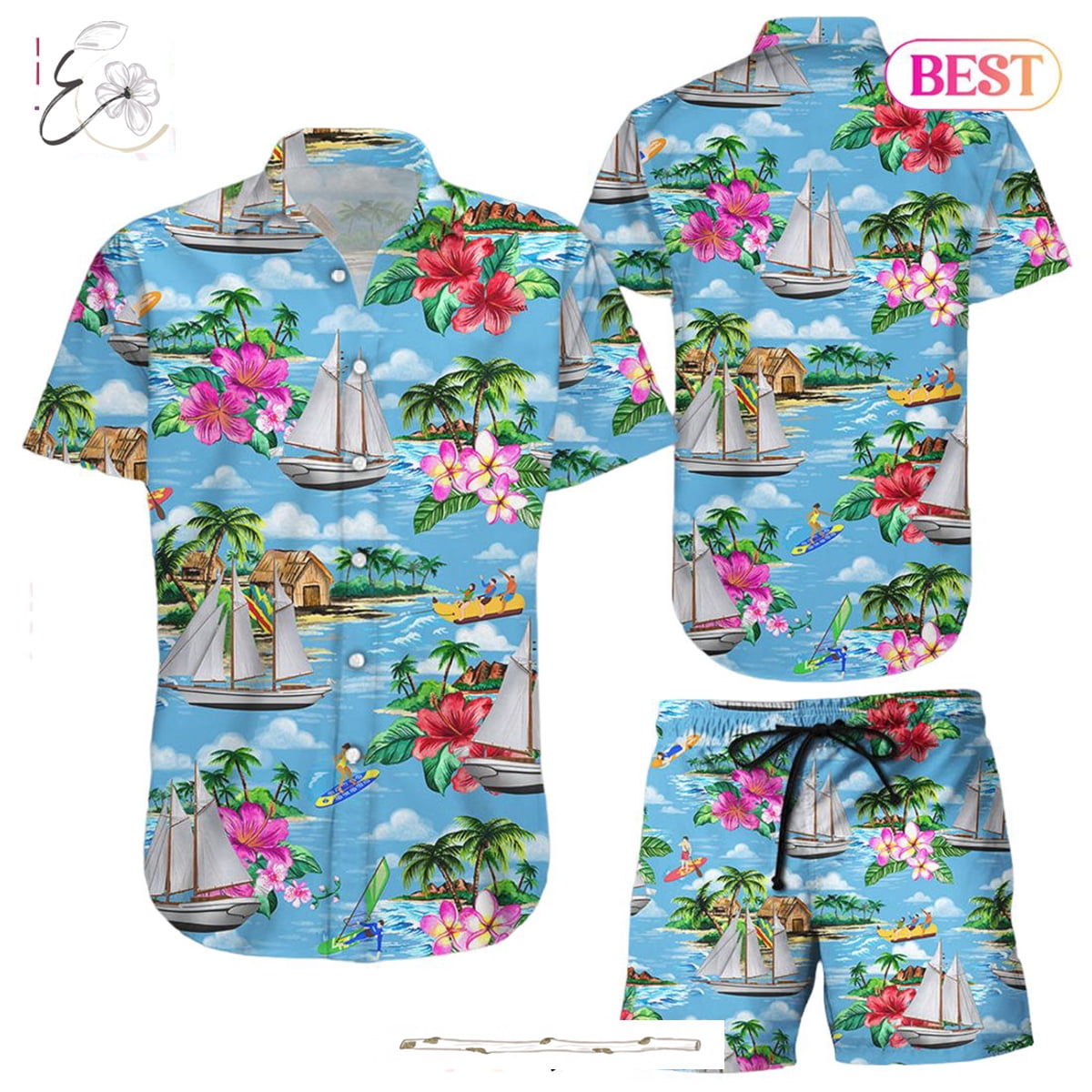 Boat Hawaiian Shirt Blue Sailing Boat On The Beach Hawaii Shirt Summer ...