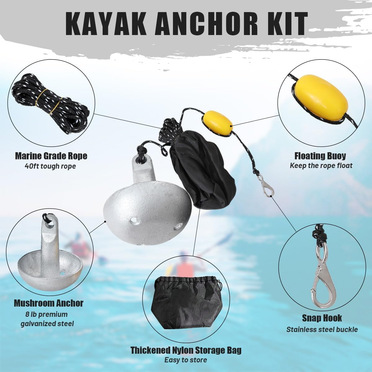 Boat Kayak Anchor Kit 40ft Rope & Storage Bag - Marine-Grade Anchor for ...