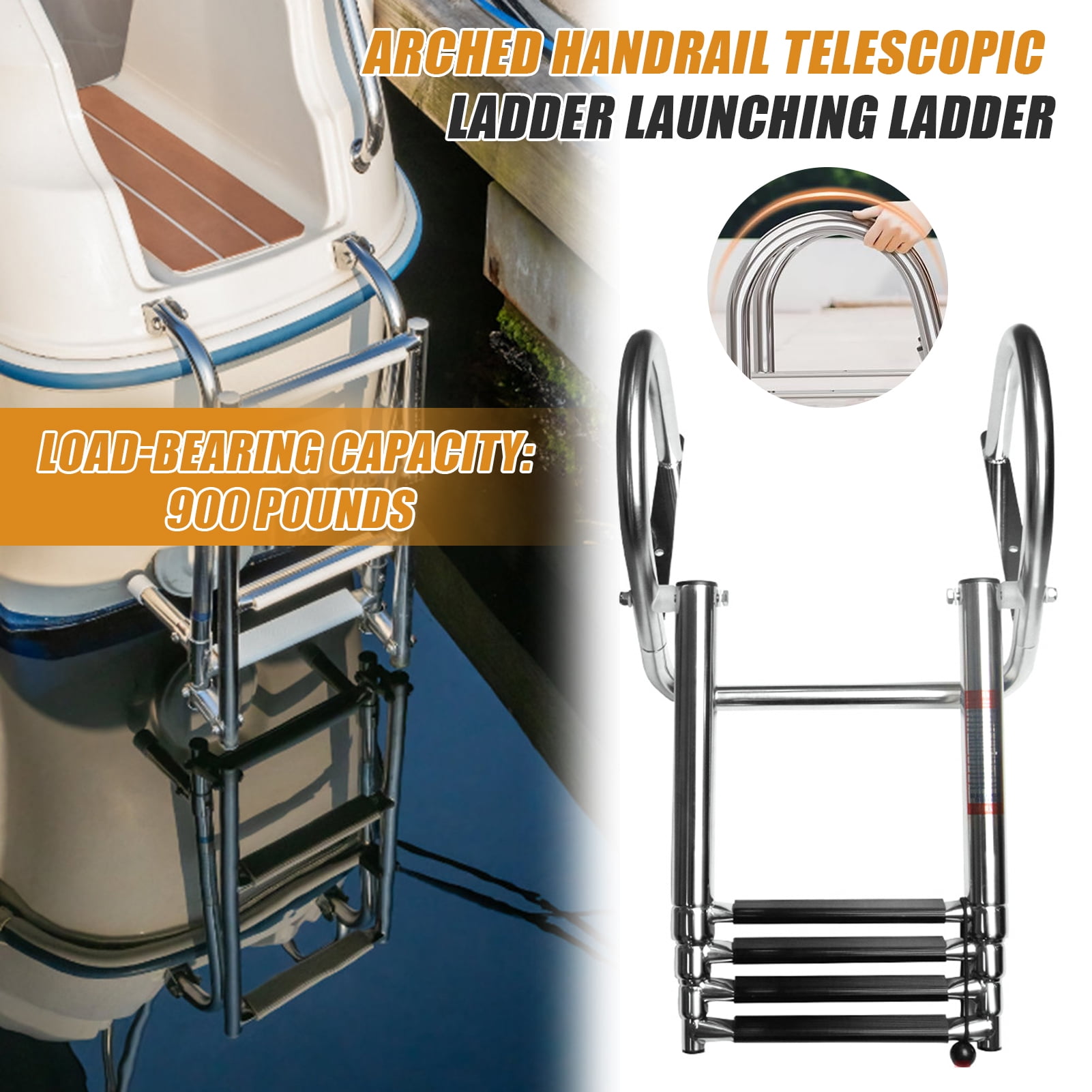 Boat Ladder with Handrails Retractable 900 lbs Load Capacity Stainless ...