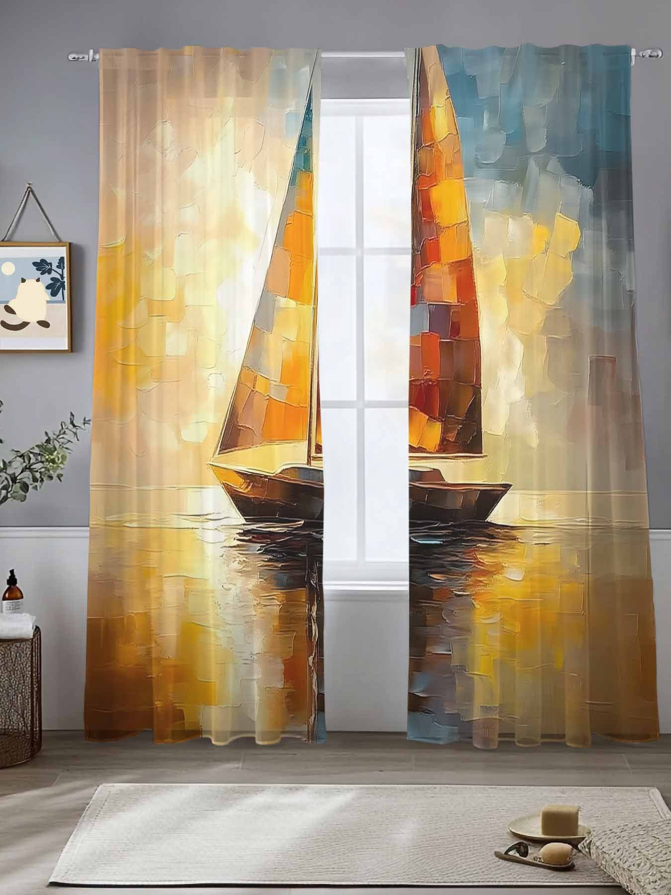 Boat Lake Sheer Curtains 108 Inches Long 2 Panels Landscape Sunset ...