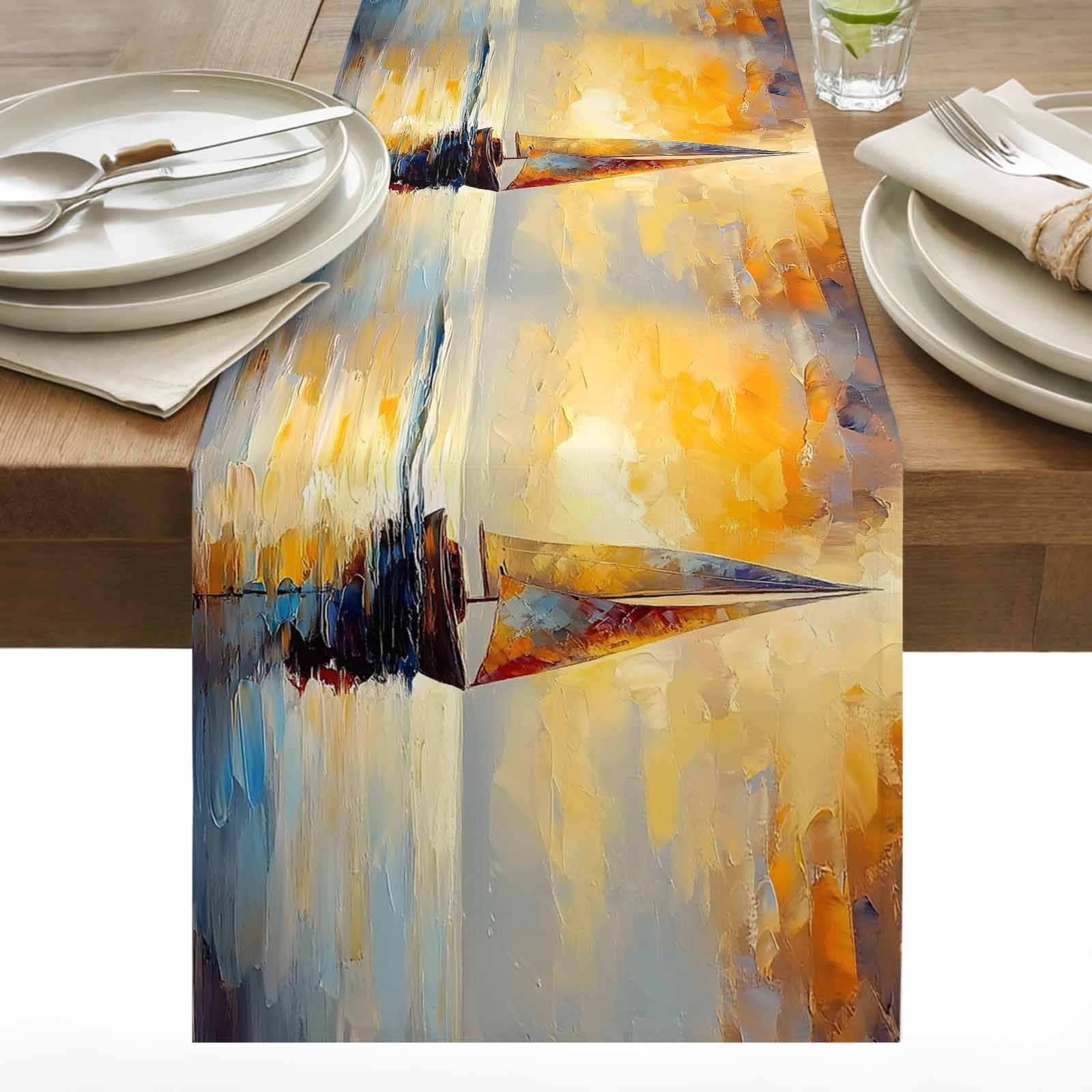 Boat Lake Table Runner 13x36 inch Scenery Abstract Cotton Linen Dining ...