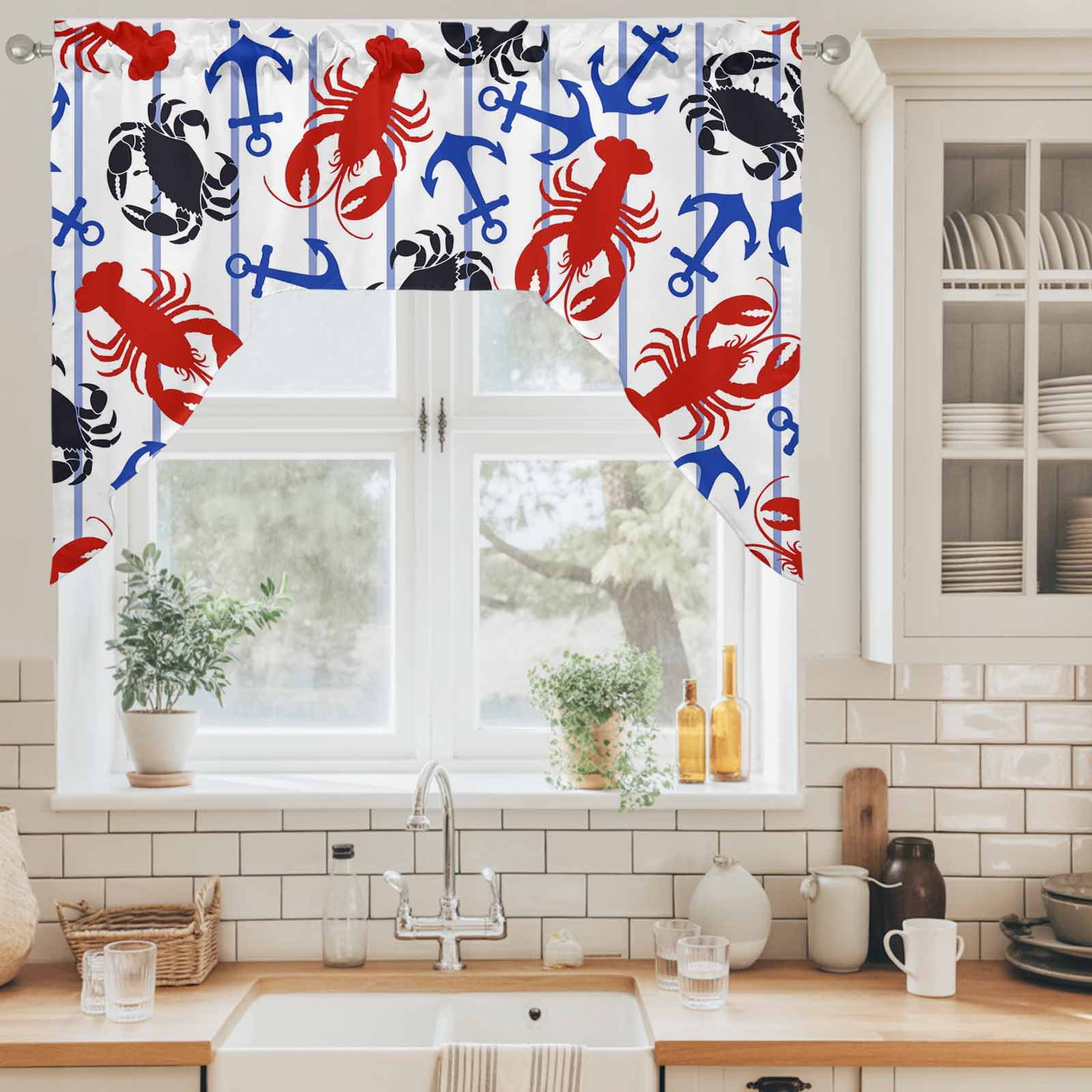 Boat Navy Anchors Swag Curtain Valance for Windows, Black Crabs Red ...