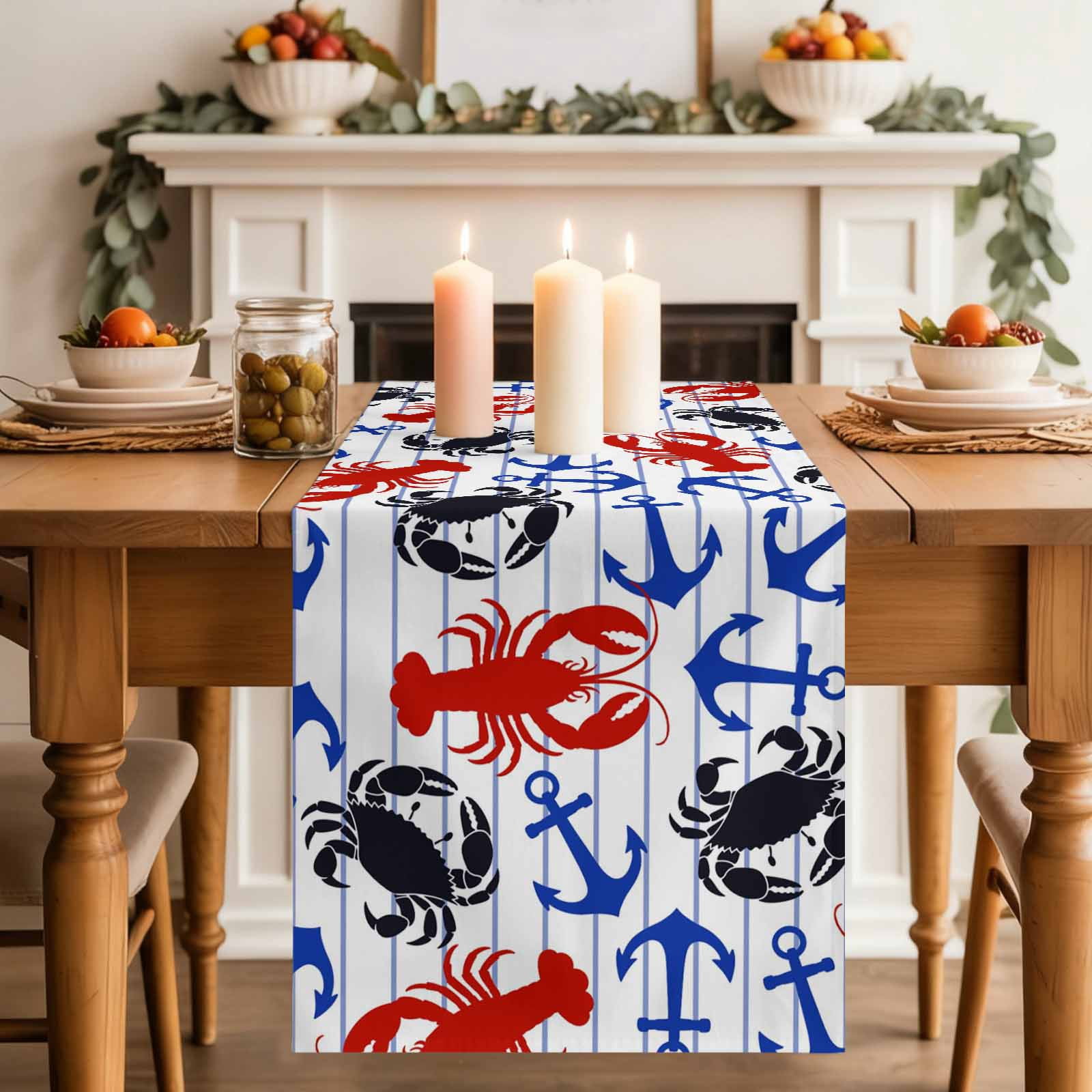 Boat Navy Anchors Table Runner, Black Crabs Red Lobster Stripes Oceans ...