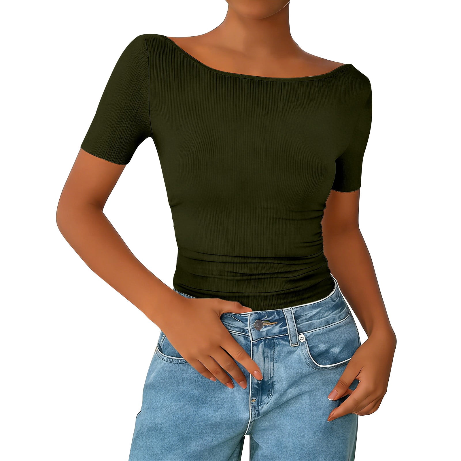 Boat Neck Short Sleeve Tops for Women, Ribbed Knit Slim Fit Bodycon T ...