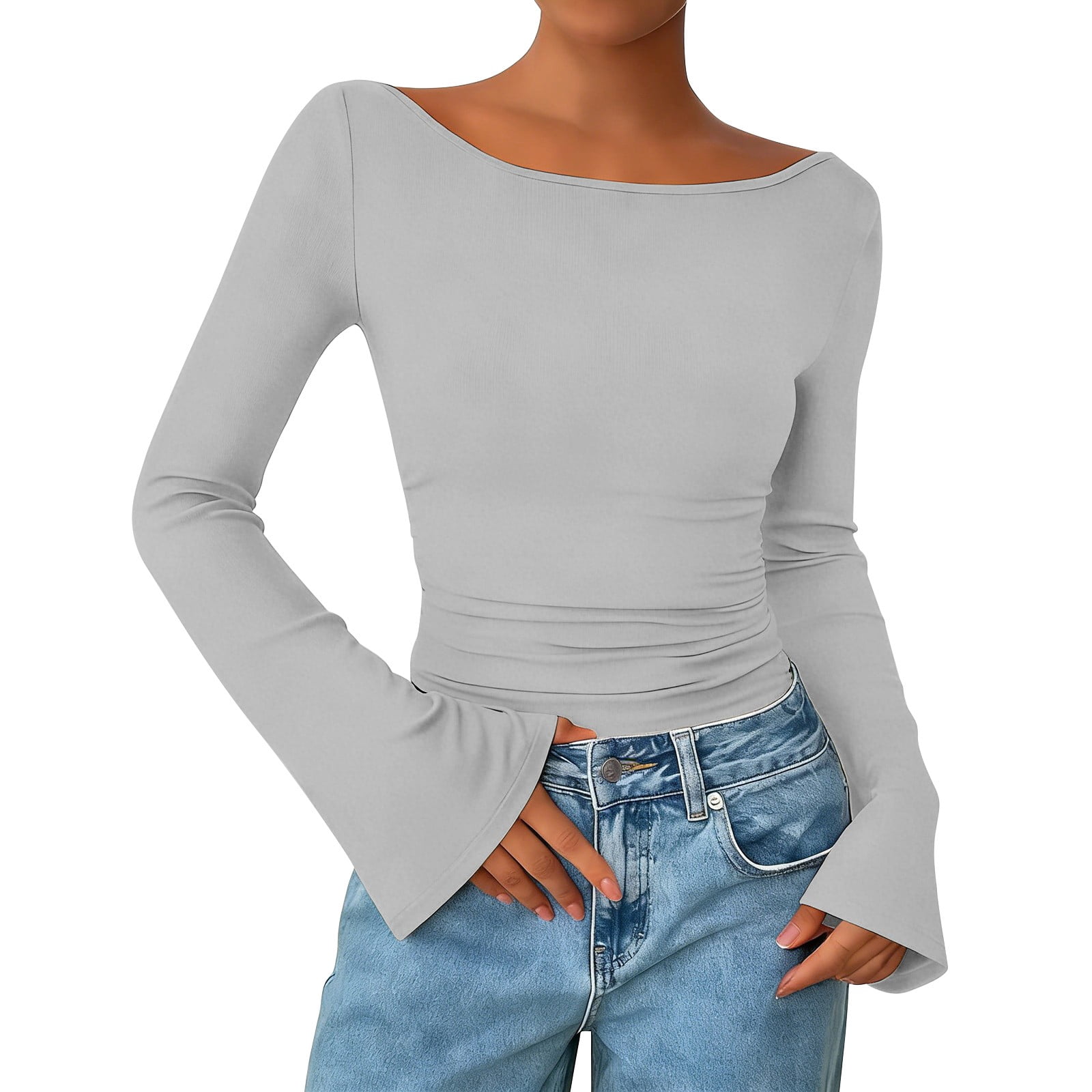 Boat Neck Tops for Women Bell Sleeve Tops Ribbed Tops Fashion Clothing ...