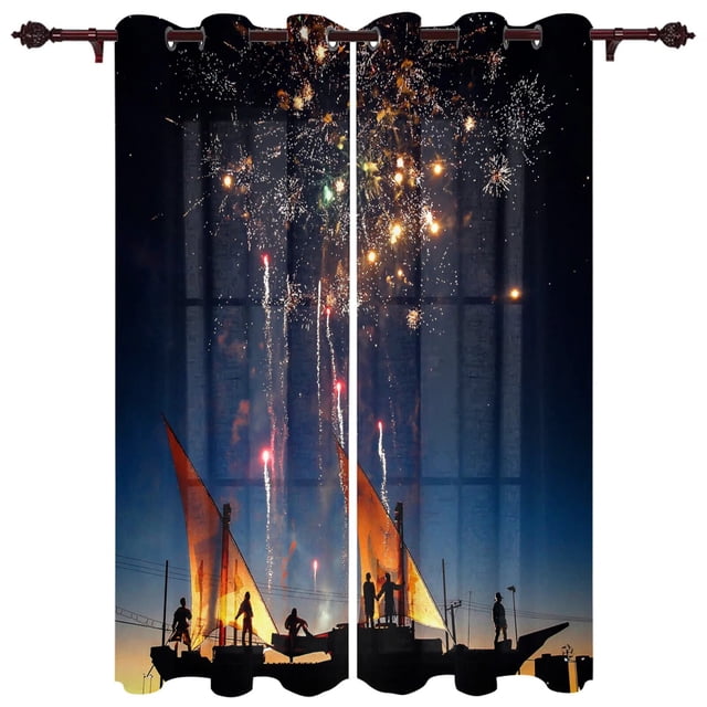 Boat Night View Fireworks Valance Curtains For Living Room Study Youth ...