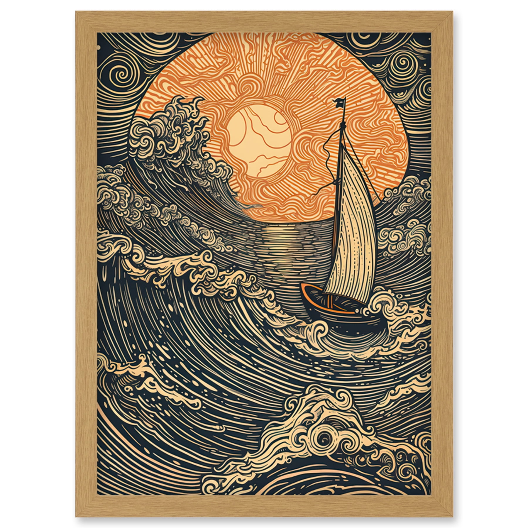 Boat Sailing into the Sunset Linocut Illustration Artwork Framed Wall ...
