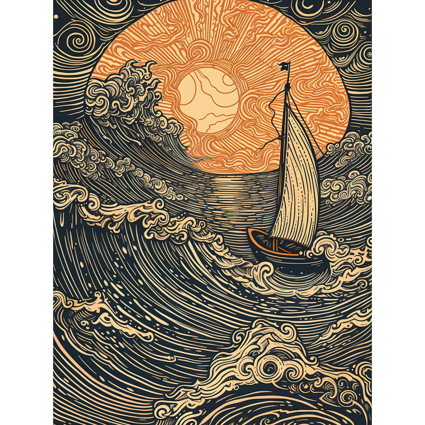 Boat Sailing into the Sunset Linocut Illustration Extra Large XL Wall ...