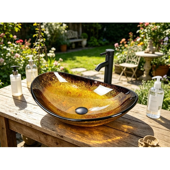 Boat Shape Artistic Glass Vessel Sink, with Oil Rubbed Bronze Faucet ...