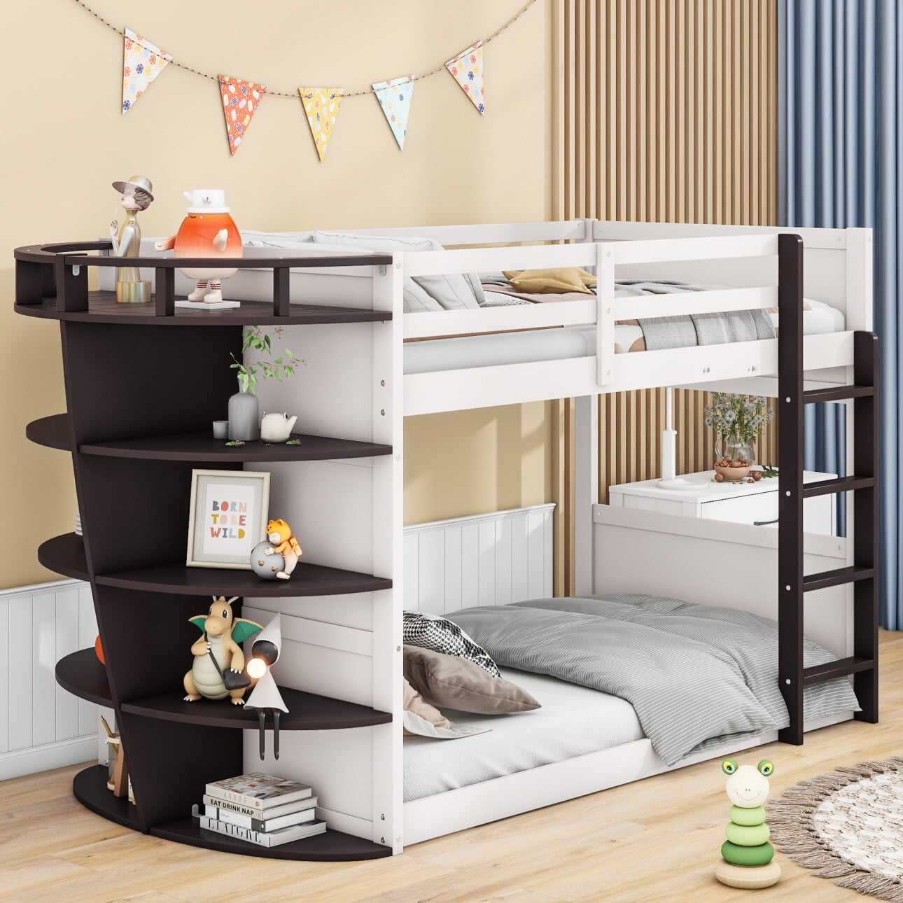 Boat-Shaped Low Twin Over Twin Bunk Bed with 5-Tier Storage Shelves ...