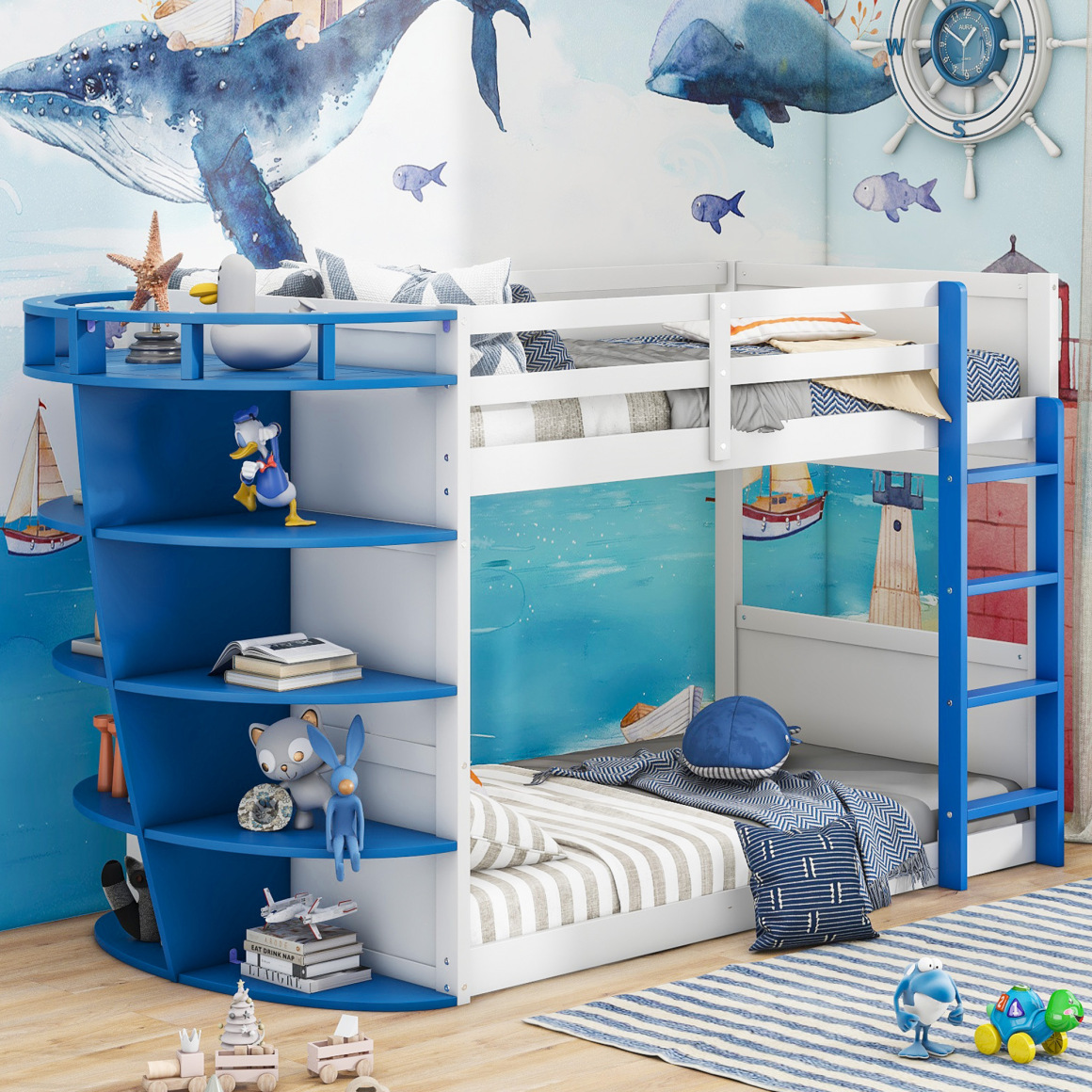 Boat-Shaped Low Twin Over Twin Bunk Bed with 5-Tier Storage Shelves ...
