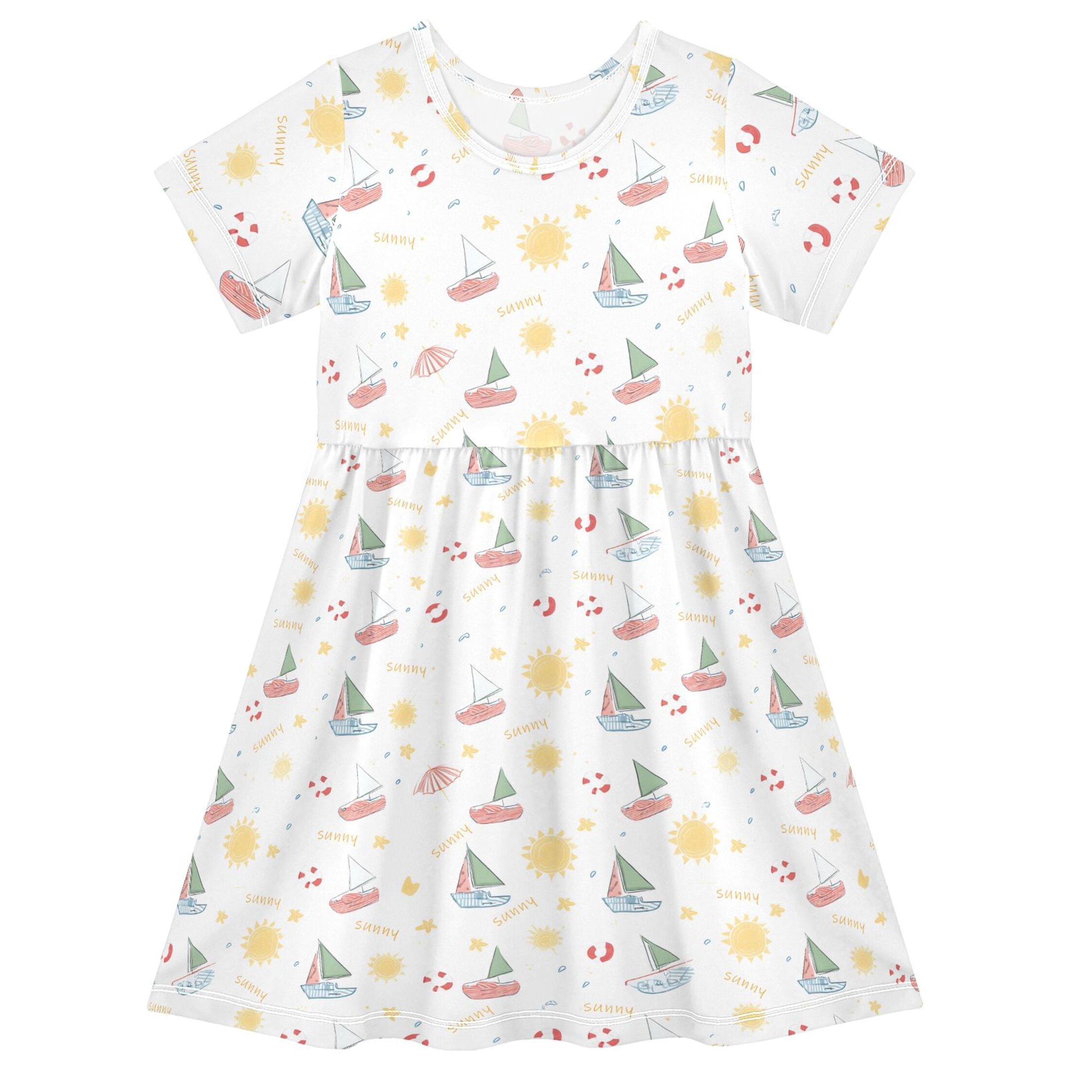 Boat Short Sleeve Dress A-Line Cute Midi Casual Sundress 2-8 Years ...