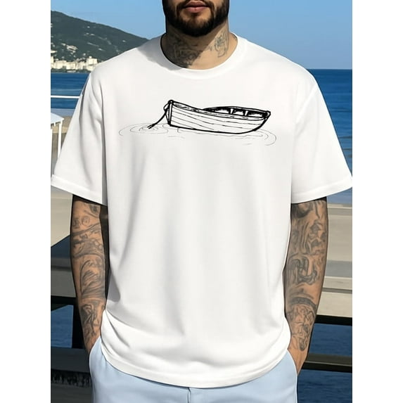 Boat Sketch Tee fishing funny t shirts plain men 180G 100% Cotton white ...